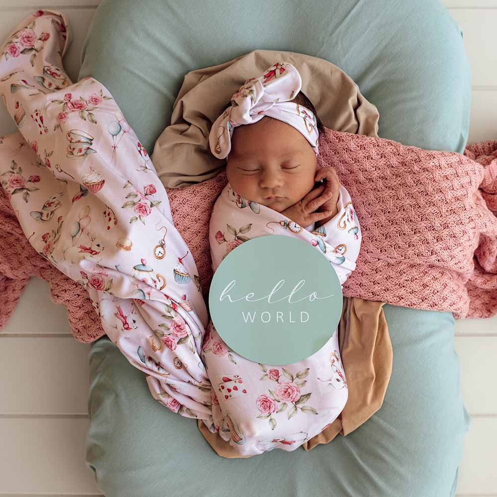 Alice’s Tea Party Organic Jersey Wrap & Topknot Set | Snuggle Hunny