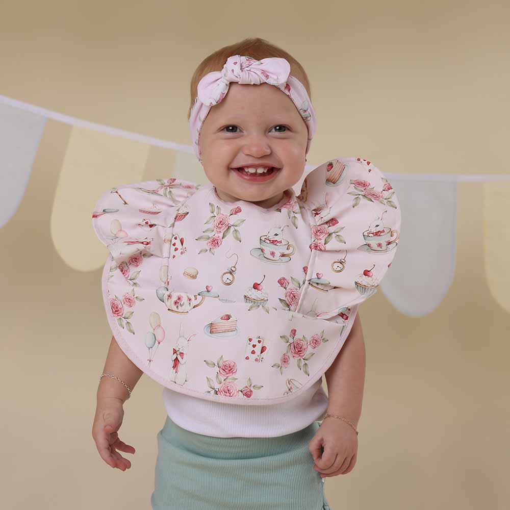 Alice’s Tea Party Waterproof Snuggle Baby Bib With Frill | Snuggle Hunny