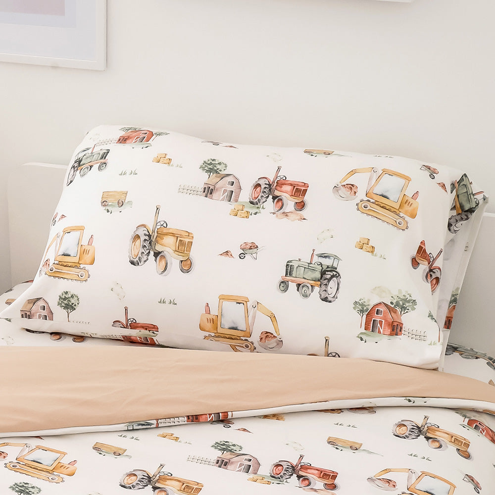 Diggers & Tractors Organic Cotton Single Pillowcase | Snuggle Hunny
