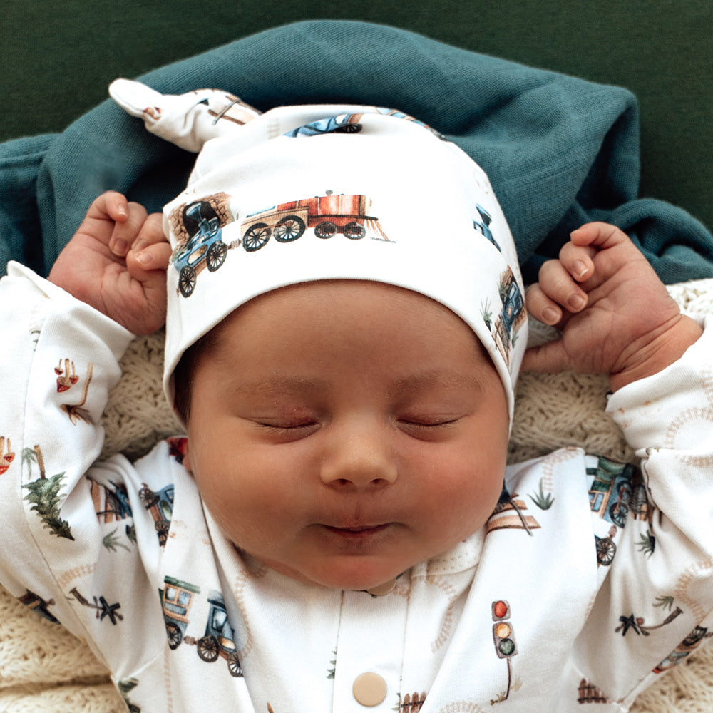 Trains Organic Knotted Baby Beanie | Snuggle Hunny