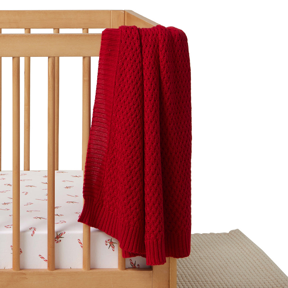 Red Knitted Baby Cot Blanket | Snuggle Hunny