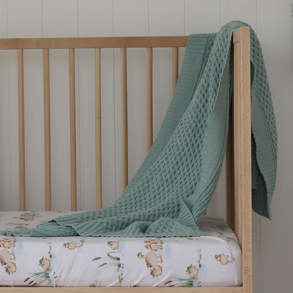 Sage Knitted Baby Cot Blanket | Snuggle Hunny